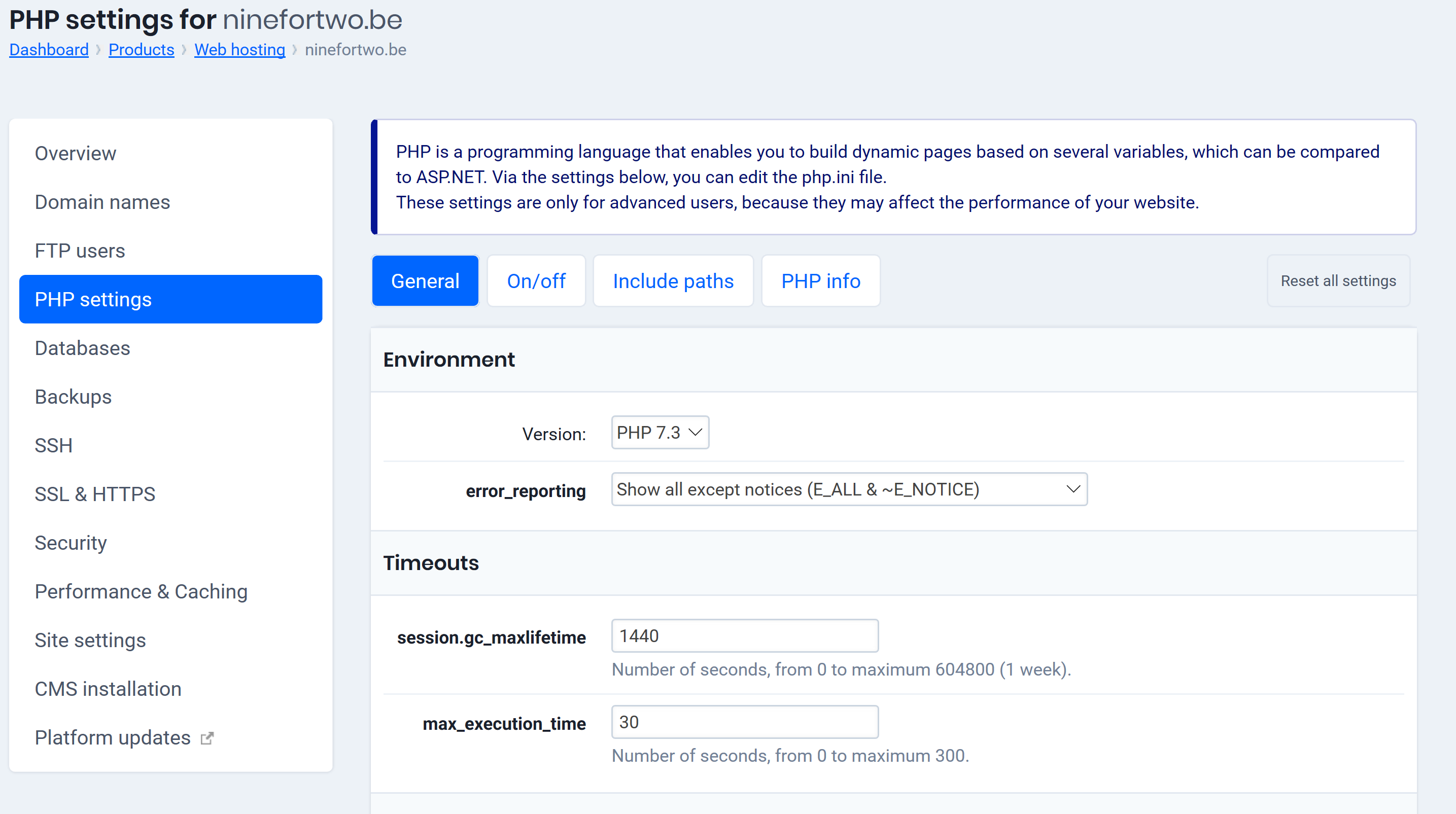 Change the PHP version and settings - Combell support
